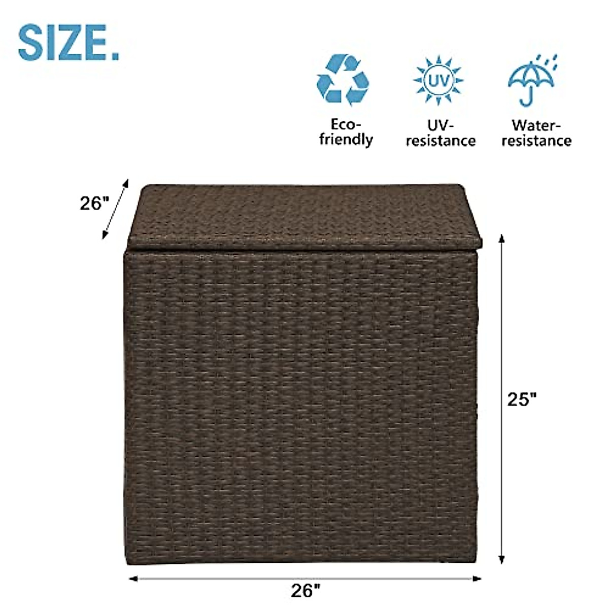 SUNVIVI OUTDOOR 73 Gallon Wicker Deck Box with Waterproof Inner, Hydraulic Pistons, Aluminum Frame for Cushions, Brown