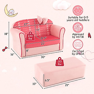 Costzon Kids Pink Couch, Toddler Mini Sofa for Kids Loveseat Aged 1-3, Upholstered Armchair with Velvet Surface & High-Density Sponge, Children's Sofa for Preschool Bedroom Playroom Gift Presents