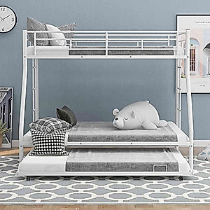 Tulib Twin Over Full Metal Bunk Bed with Sturdy Steel Frame, Bunkbed with Twin Size Trundle, Two-Side Ladders, No Spring Box Required, White