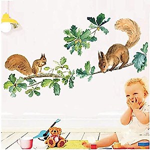 HUANLE 4 Pack Cartoon Squirrel Animal 3D Vinyl Wall Decal Realistic Green Branch Squirrel Playing Art Murals Removable Animal Wall Stickers for Teen Girls Kids Bedroom Bathroom Home Cabinet Decor