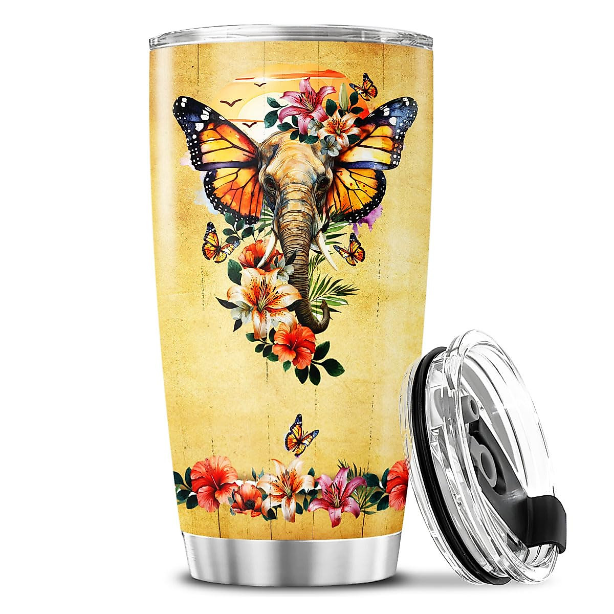 HUBUPU Elephant Gifts, Flower Butterfly Floral, Tumbler 20 Oz With Lid And Straw, Elephant Inspiring
