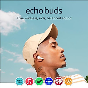 Amazon Echo Buds (newest model), True Wireless Bluetooth 5.2 Earbuds with Alexa, audio personalization, multipoint, 20H battery with charging case, fast charging, sweat resistant, Glacier White