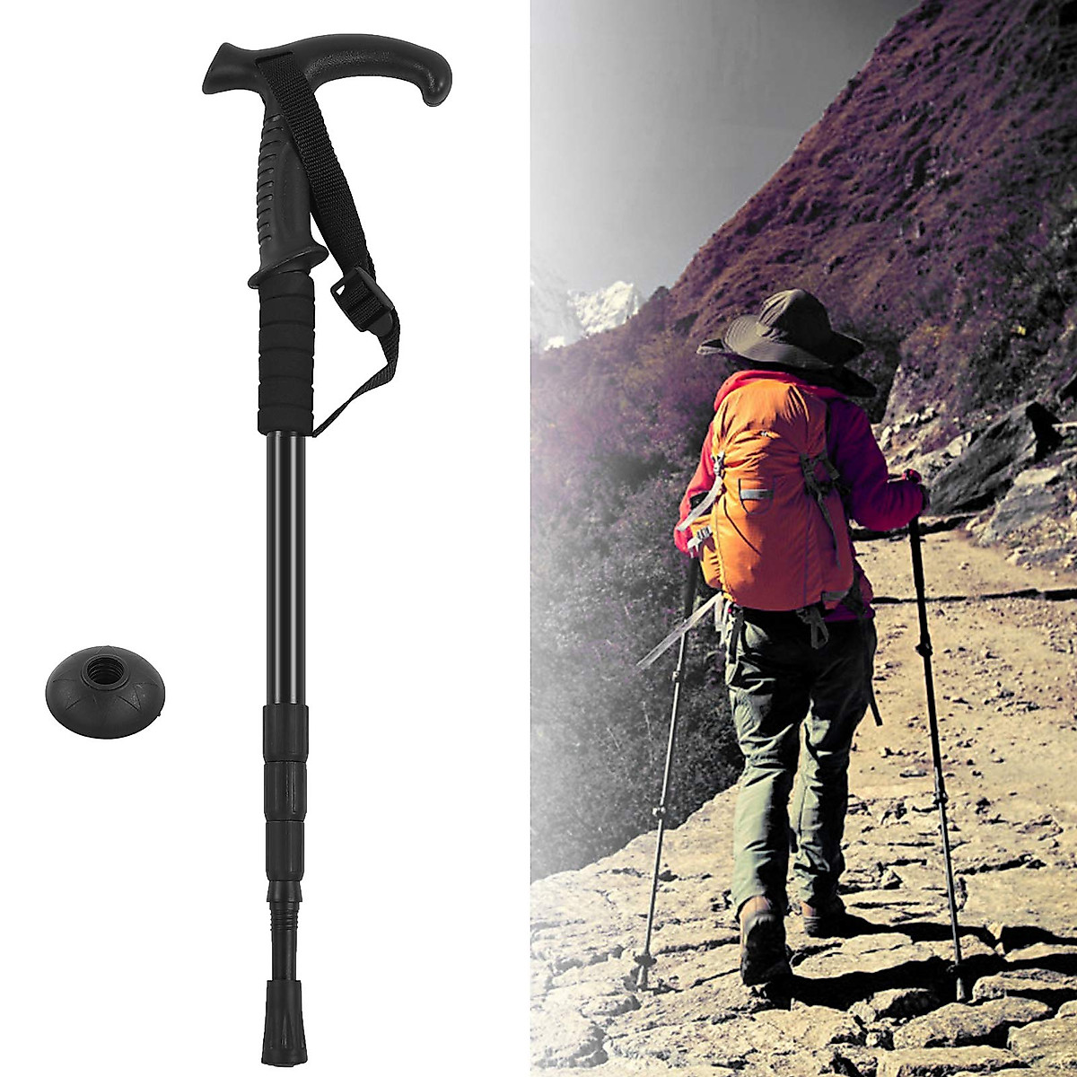 Portable Trekking Pole, Outdoor Walking Stick High Strength Aluminum Alloy Hiking Poles Anti‑Slip Canes for Elderly(Black) Trekking Poles