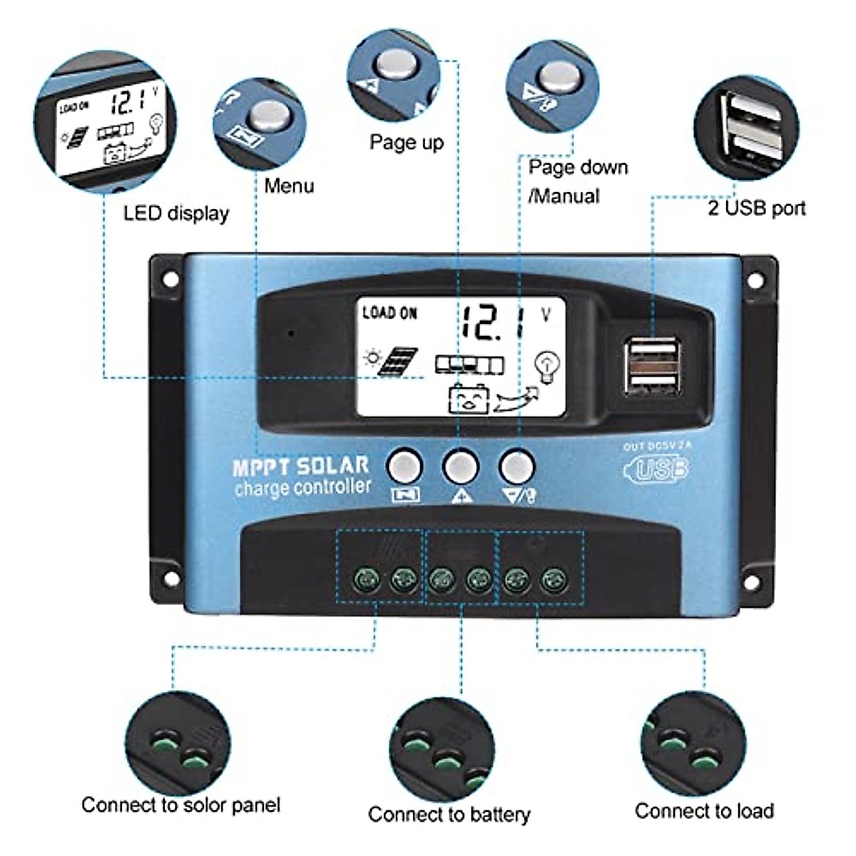 Solar Charge Controller, MPPT Solar Charge Controller 12v/24v Current Auto Focus MPPT Tracking Charge with LCD Display Dual USB Solar Regulator Charge Controller Multiple Load Control Modes (100A)