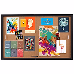 Enclosed Sliding Door Cork Bulletin Board, 5 x 3 Feet, Self-healing Corkboard Display Surface, 60" x 36" Notice Board for Wall Mount with Included Mounting Hardware, Black, Aluminum Frame