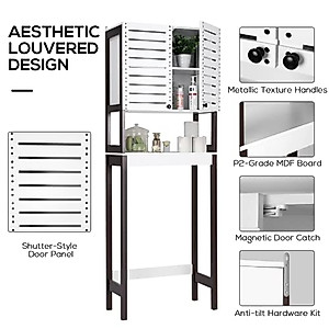 VOWNER Over The Toilet Storage Cabinet, 3-Tier Bathroom Organizer with Louvered-Style Doors and Adjustable Shelf, White and Coffee Brown MDF Board