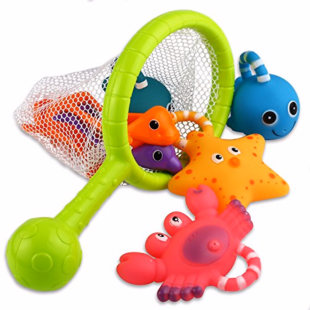 Bath Toy, Fishing Floating Squirts Toy and Water Scoop with Organizer Bag(8 Pack), KarberDark Fish Net Game in Bathtub Bathroom Pool Bath Time for Kids Toddler Baby Boys Girls, Bath Tub Spoon