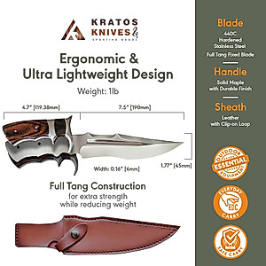 Kratos Hunting Knife with Sheath, 12.2" Survival Knife Full Tang Knife, 440 Stainless Steel Fixed Blade Hunting Knives with Wood Handle ZF11