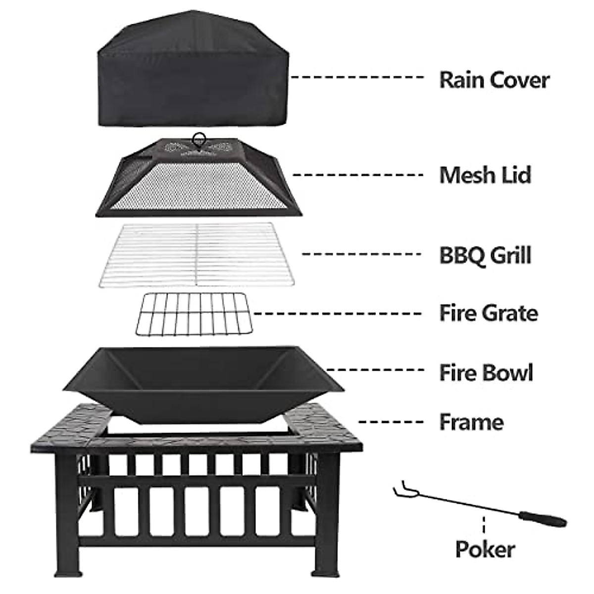 JupiterForce 32" Outdoor Metal Fire Pit Square Metal Firepit Stove for Backyard, Patio, Garden, Bonfire, Camping and Picnic with Rainproof Cover, Black