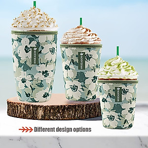 Reusable Iced Coffee Insulator Sleeve for Cold Beverages and Neoprene Cold Coffee Cup Sleeves Cooler Cover 16-32OZ for Coffee Cups, McDonalds, Dunkin Donuts, More(Floral green)