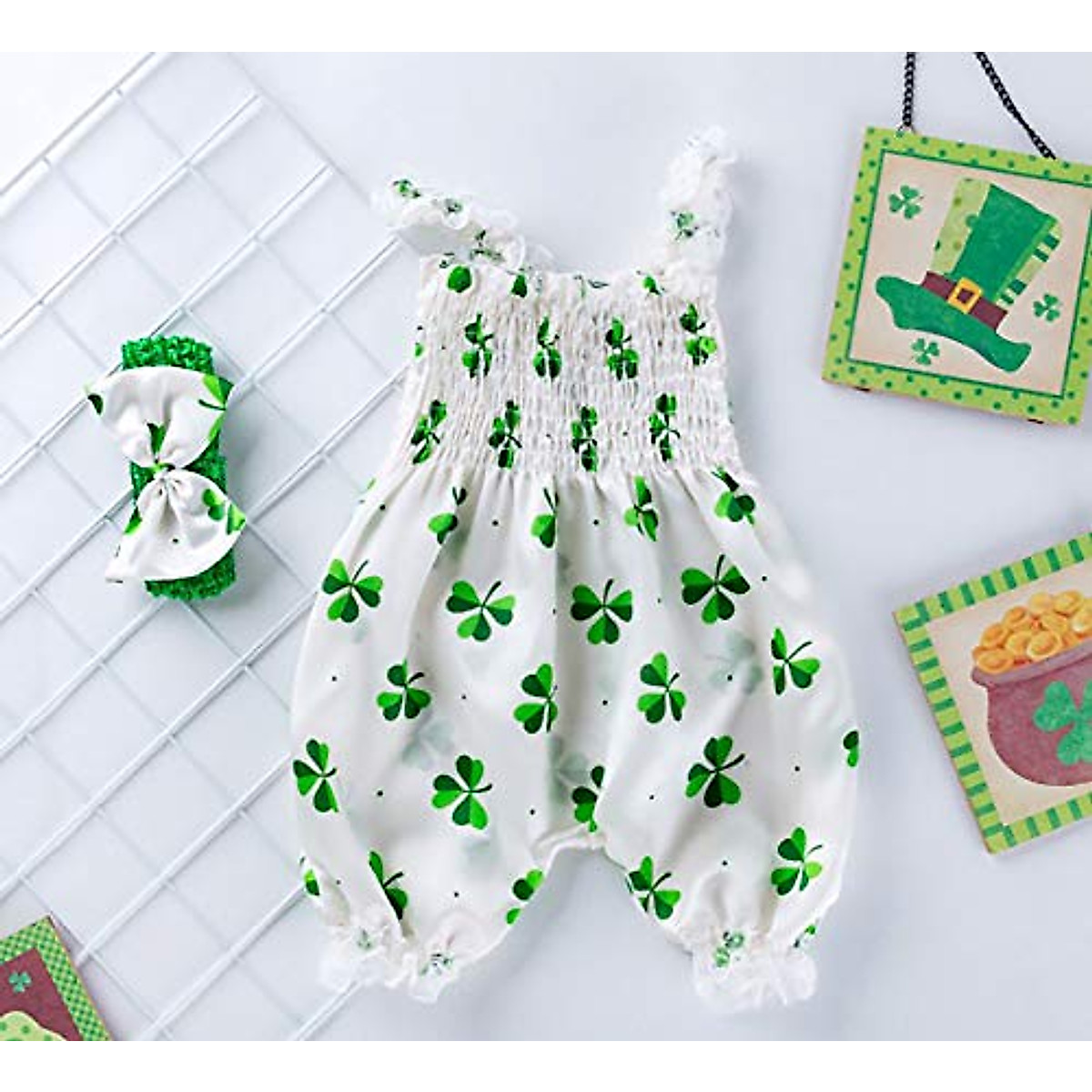 sshybmne Infant Baby Girl St. Patrick 's Day Outfit Four-Leaf Clover Romper Jumpsuit with Headband Irish Baby Girl Clothes (White Green, 0-6 Months)