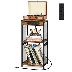 ETELI Record Player Stand with Album Storage Vinyl Record Storage Table with Power Outlet 3 Tier Turntable Stand Industrial Side Table for Living Room Bedroom Office, Brown