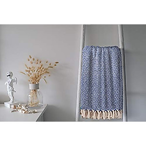 Cotton Chevron Decorative Blue Throw Blanket | Decorative Lightweight Sapphire Beige Geometric Pattered Textured Blankets with Fringe | 65x50 Inch | Sofa Couch Bed Chair Living Room Decor Picnic Beach