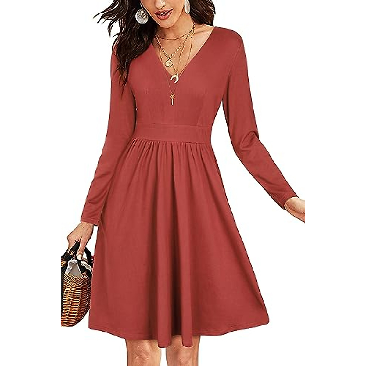 ULTRANICE Women's Fall Casual Long Sleeve Dresses V Neck Business Work Winter A Line Church Dress with Pockets 2023(Red E,XL)