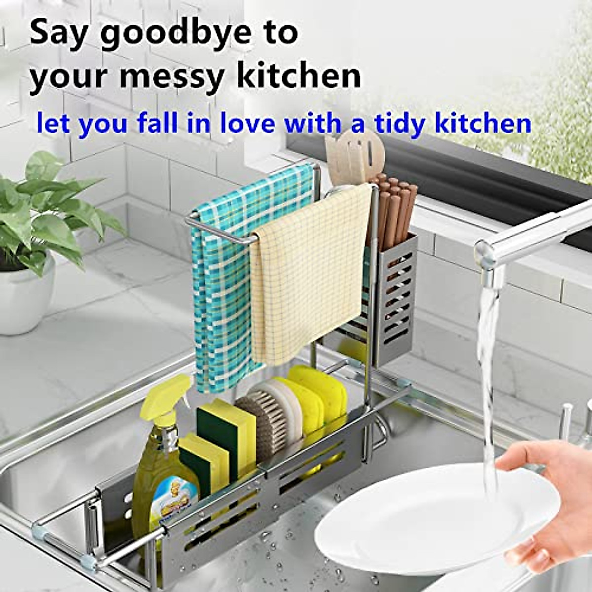 BEENLE 304 Stainless Steel Telescopic Sink Caddy Sponge Holder,Expandable Kitchen Sink Organizer Dish Drainer Rack Sink Tray Brush Soap Holder(14.6''-18.5''), Without Chopstick Holder