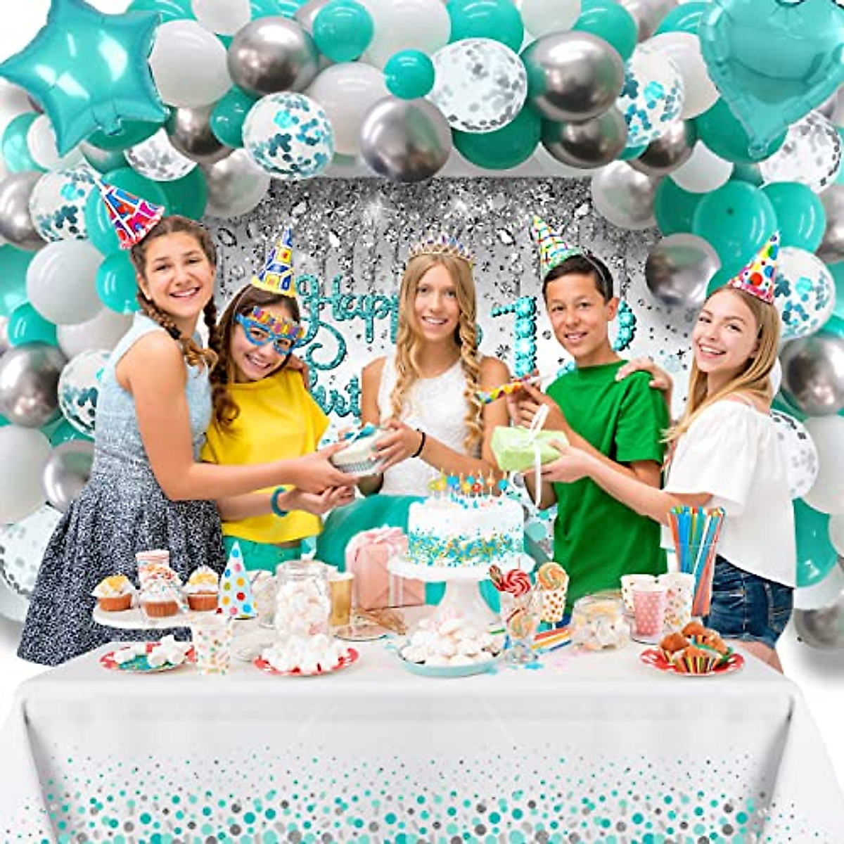 18th Birthday Decorations for Girls Teal Happy 18th Birthday Backdrop ,18 Birthday Sash ,Teal Blue Balloons Garland Kit and Teal Dot Disposable Tablecloth