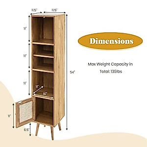 Giantex 54" Tall 4-Tier Bookcase with Door, Freestanding Slim Narrow Book Cabinet with Adjustable Shelf, Vertical Bookshelf with Leg, Open Shelving Display Rack, Boho Wooden 4-Cube Storage Organizer