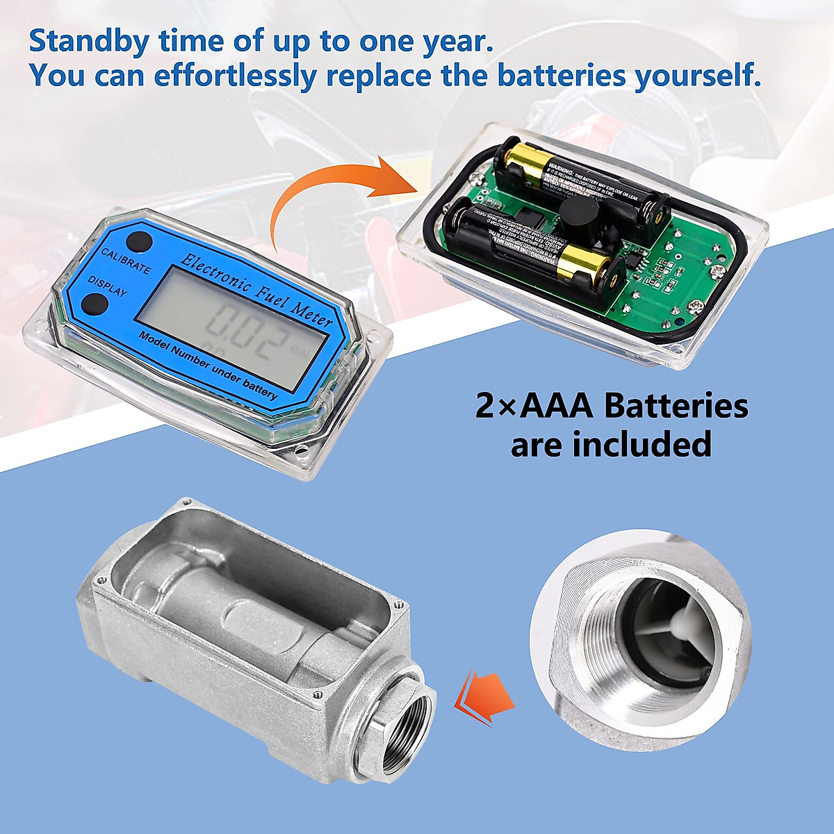 1" Turbine Fuel Flow Meter, 2.6-26 GPM Inline NPT Thread Flowmeter with 3/4" Adapters,Digital Fuel Flow Meter,for Kerosene,Biodiesel, Light Chemicals- Supports Gallon, LTR, PT, QT