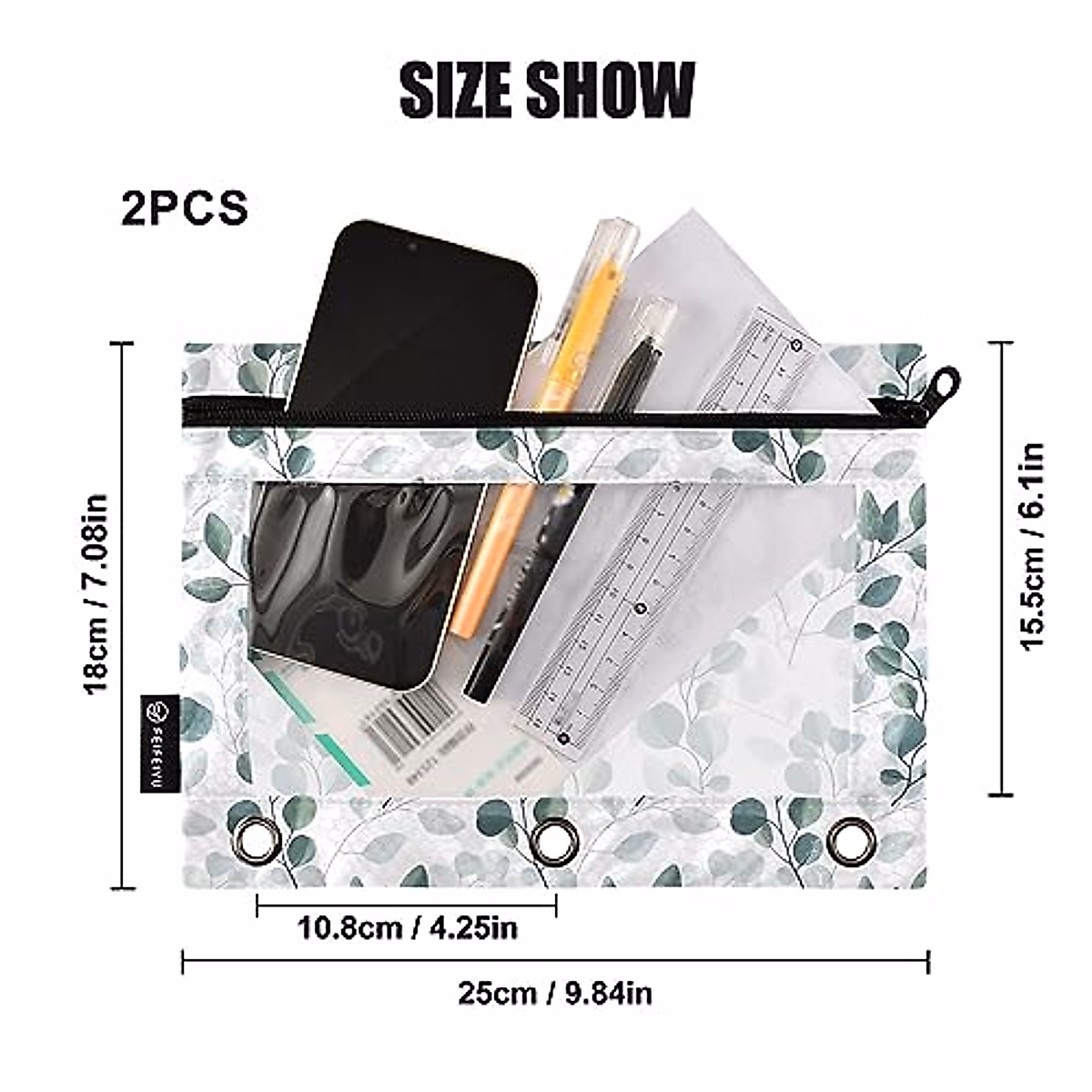 Floral Leaf Pencil Pouch for 3 Ring Binder 2 Pack Binder Pouches with Clear Window Binder Pencil Bag Case with Zipper for Office Supplies