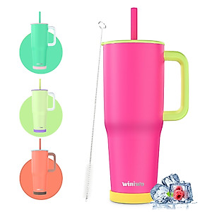 winiwo 40 oz Tumbler with Handle and Straw for Her, Flexible Straw, Insulated Tumbler Cups with Silicone Bottom, Keeps Beverages Cold Up to 24 Hours, Gym/Work/Travel/School/Gift（Ruby Red）