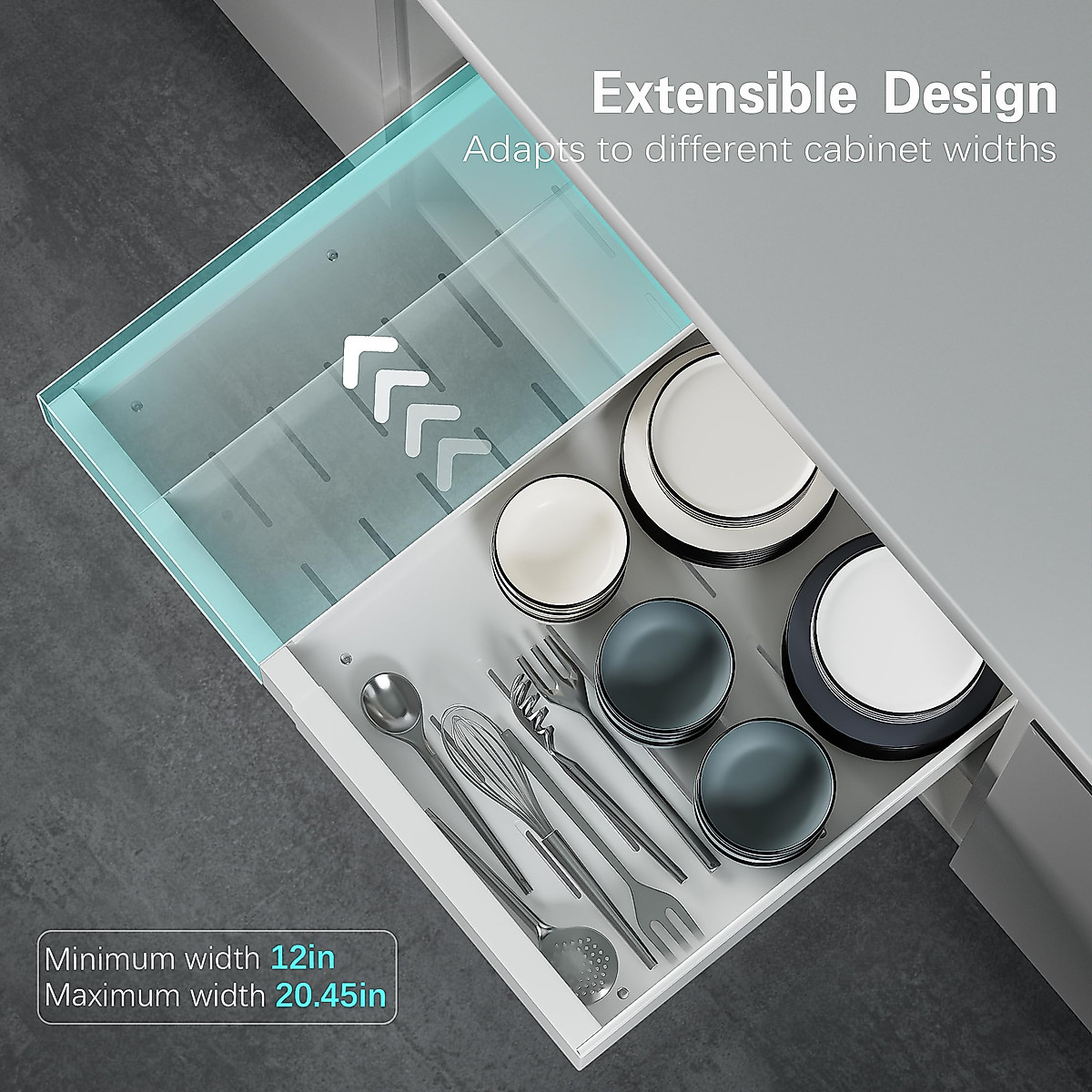 2Pack Expandable Pull Out Cabinet Organizer 21" Deep, Peel And Stick Slide Out Drawers for Kitchen Cabinet, Cabinet Pull Out Shelves, Roll Out Drawers Adjustable Width 12"-20.45" White