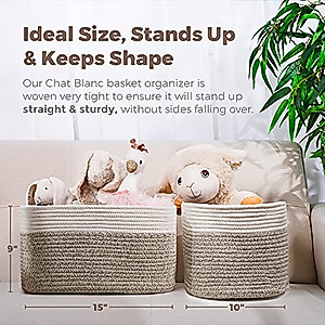 Cotton Rope Basket for Storage | 15"x10"x9" Set of 3 Large Storage Baskets for Organizing with Handles, works as Cloth Baskets, Blanket Basket, Big Woven Laundry Basket or Black Toy Bin like White Wicker Laundry Baskets