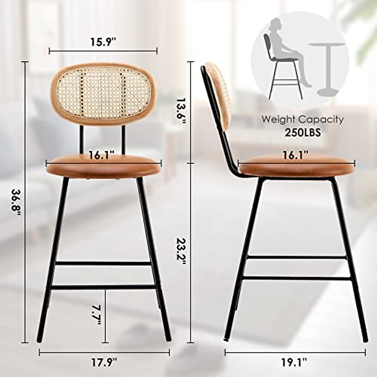 Amadi Counter Stools Rattan Back Dining Chair,Indoor Faux Leather Bar Stools Set of 4,Armless Dining Chairs with Rattan Backrest,Modern Metal Counter Height Barstools for Home Whiskey Brown,24"