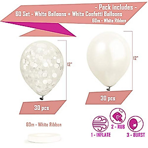 Dandy Decor 60 Pack White Balloons + White Confetti Balloons w/Ribbon | Latex Balloons 12 Inch | Balloon White | Bridal Shower Balloons | Wedding Balloons | Round Balloons | White Party Decorations |
