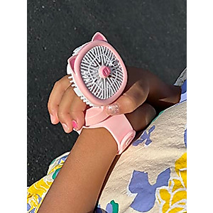 Shelbybox Wrist Fan for Kids Boys Girls, Small Portable Wearable Watch Fan with Comfortable Wrist Strap, USB Rechargeable, Built in Colorful LED Lights, Fashion Compact Summer (Pink)