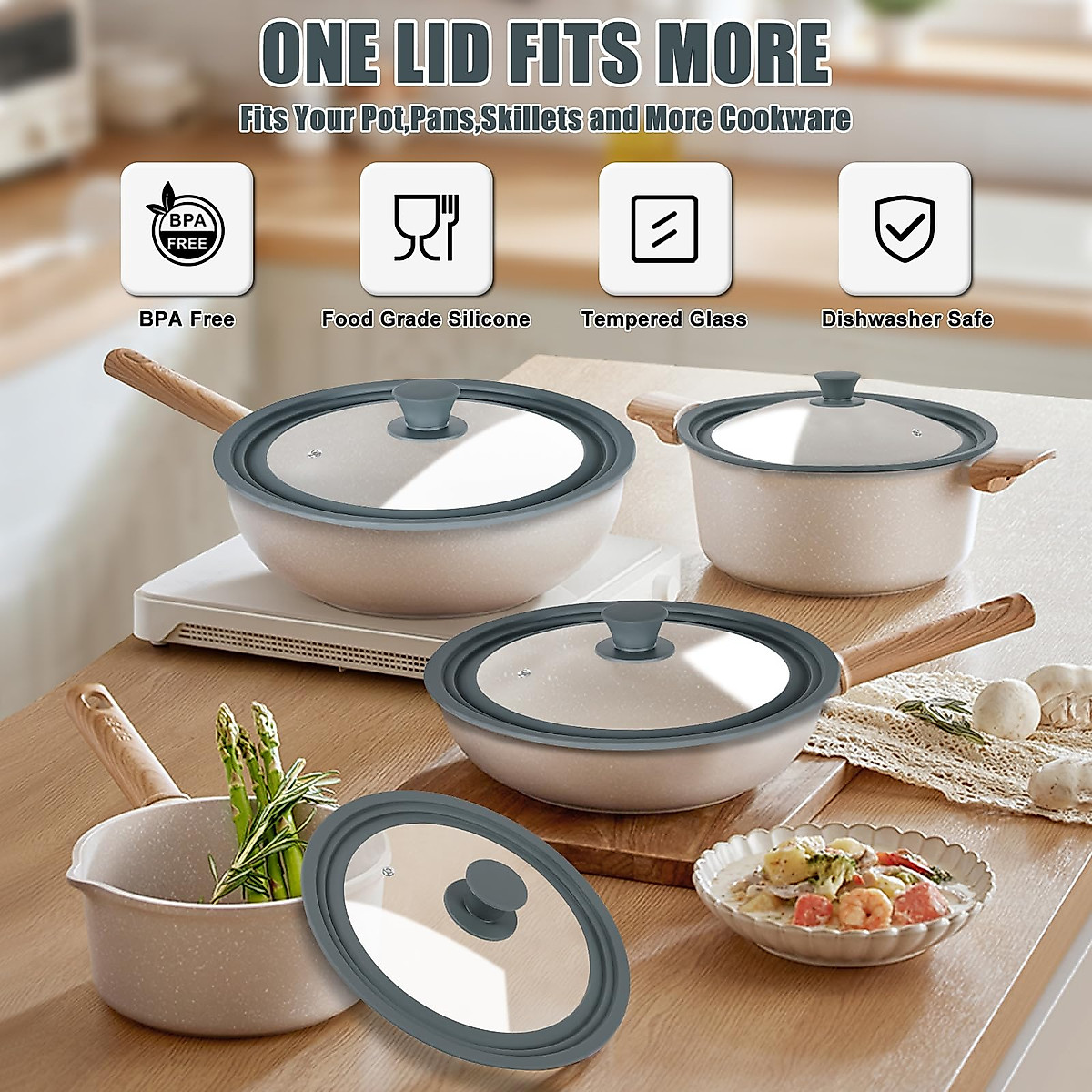 Universal Lid for Pots, Pans, and Skillets - Silicone Replacement Pan Lid Fits 10", 11", 12" Cookware - Tempered Glass Pot Lid Cover for Frying Pans, Cast Iron, CrockPot