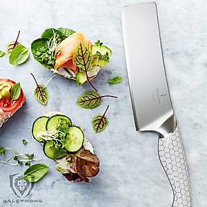 Dalstrong Nakiri Knife - 6.5 inch - Frost Fire Series - High Chromium 10CR15MOV Stainless Steel Vegetable Knife - Frosted Sandblast Finish - White Honeycomb Handle - Leather Sheath - NSF Certified