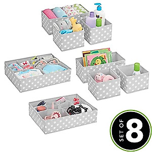 mDesign Fabric Drawer Organizer Bins, Kids/Baby Nursery Dresser, Closet, Shelf, Playroom Organization, Hold Clothes, Toys, Diapers, Bibs, Blankets, Set of 4, 2 Pack, Gray/White Polka Dot