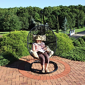 Sunnydaze Jackson Resin Wicker Hanging Egg Chair with Steel Stand - 265-Pound Weight Capacity - Includes Beige Cushions