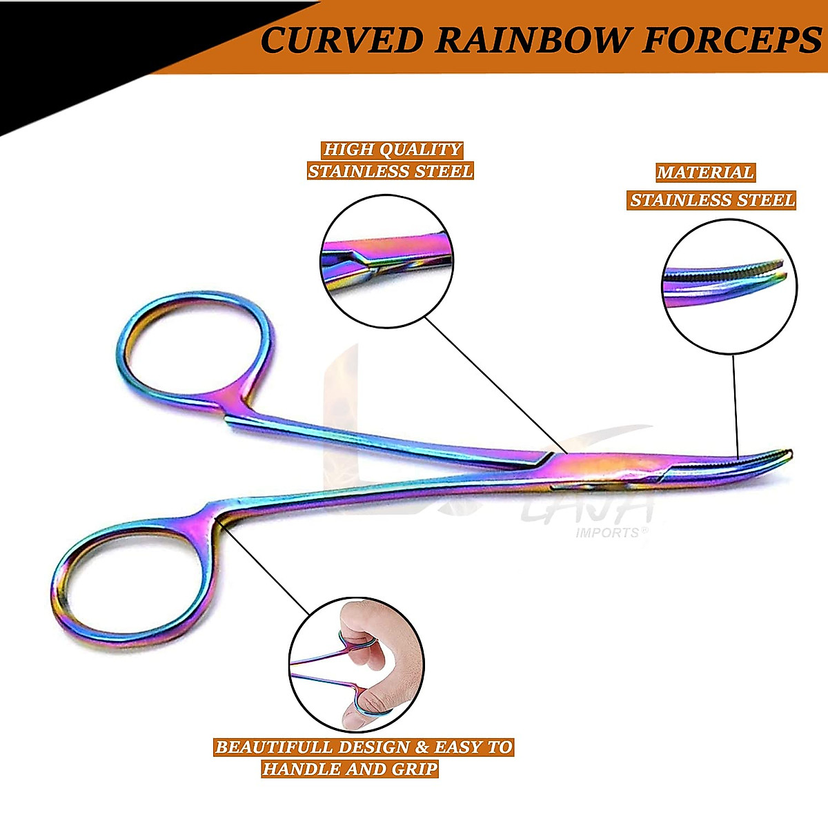 LAJA Imports Set of 2 Non-Locking Hemostat Straight & Curved 5'' for Ear Care Rainbow Multi Color