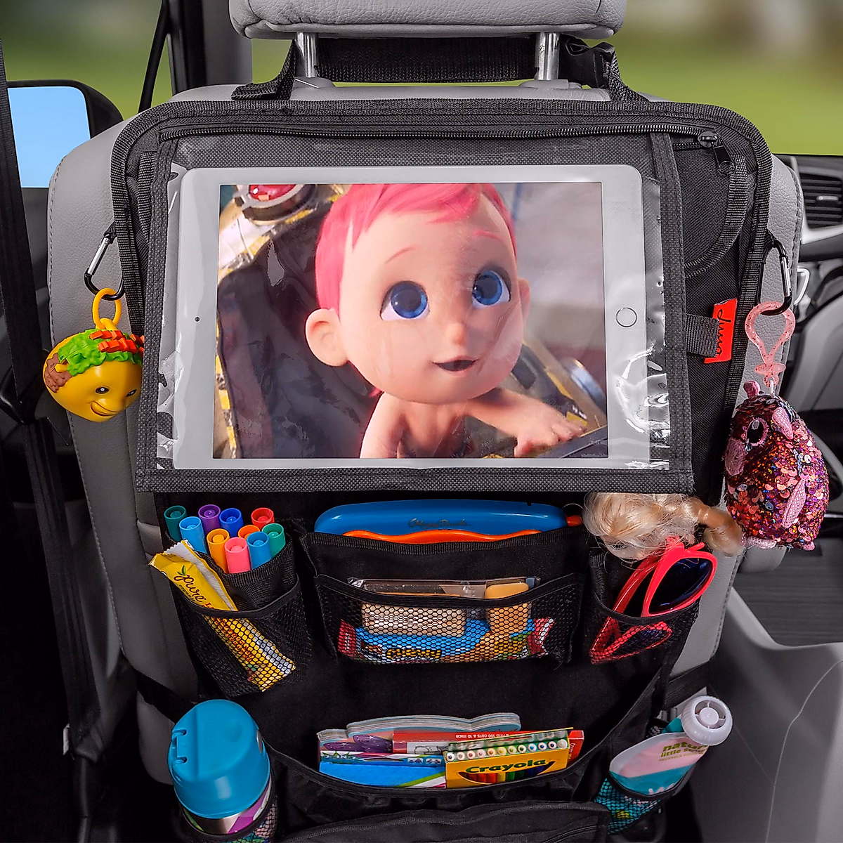 Lusso Gear Kids Travel Tray (Black) + Heavy Duty Car Seat Organizer (Black), Extra Large for Protection, Sag Proof & Reinforced Corners, Protects iPad & Backseat, 12 Versatile Car Seat Organizer Stora