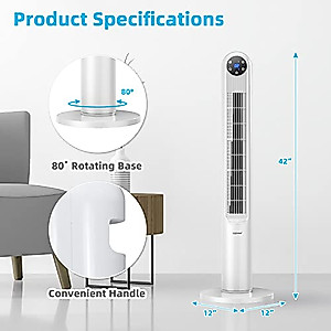 COSTWAY Tower Fan, 42-Inch Portable 80 Degrees Oscillating Fan with Remote, Smart Control Panel, 3 Wind Modes, 12H Timer, Quiet Bladeless Fan for Living Room, Bedroom, Kitchen, Office (White)