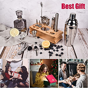 Quilamix Bartender Kit with Stylish Bamboo Stand, 12 Piece 25oz Cocktail Shaker Set for Mixed Drink, Professional Stainless Steel Bar Tool Set with Cocktail Recipes Bookle, Gift for Man Dad Friend