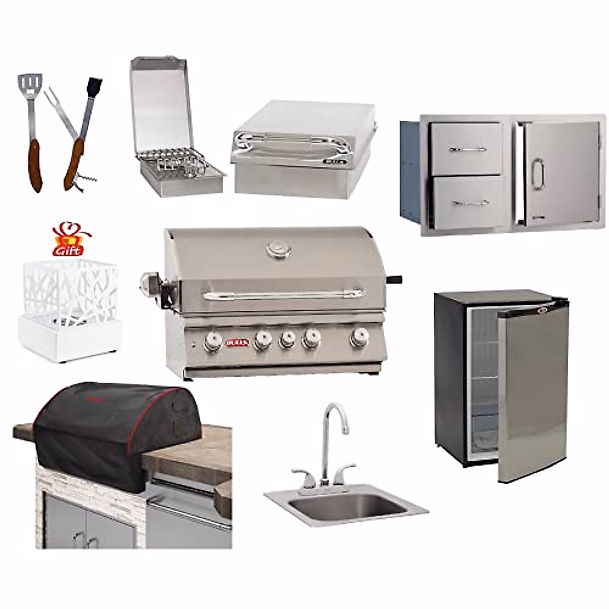 BULL GRILLS The Angus 30" Grill Natural Gas with Single Side Burner, Stainless Steel Sink,Grill Cover, Refrigerator, Door & Drawer Combo with 5 in 1 BBQ Tool Set | FREE Bio-Ethanol Table-top Fire pit