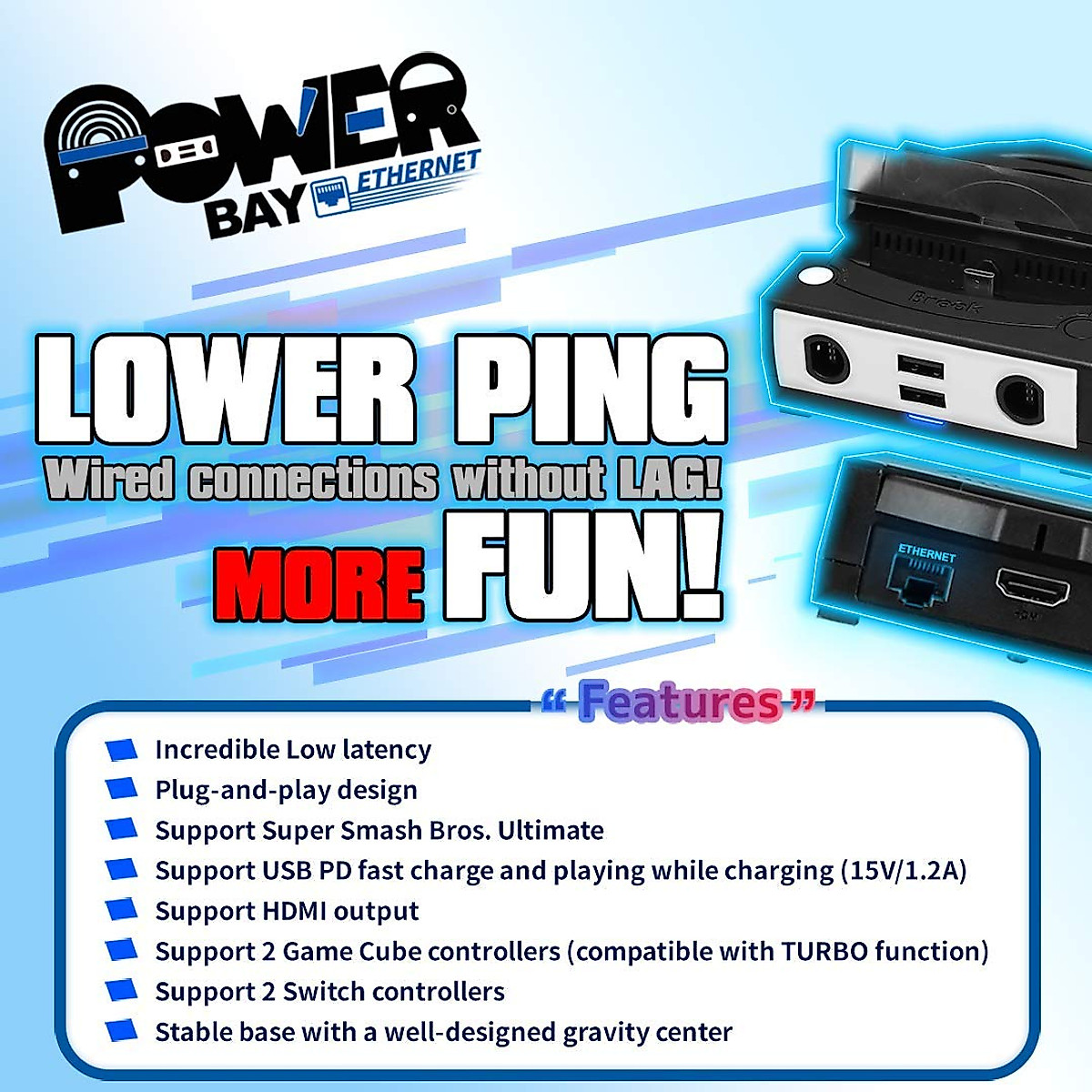 Brook Power Bay Ethernet - Portable, Fast Charging, Dock Stand, Docking Station for Nintendo Switch, Built-in Ethernet Port and GameCube Controller inputs, Supports HDMI Output, Stable Network Connect