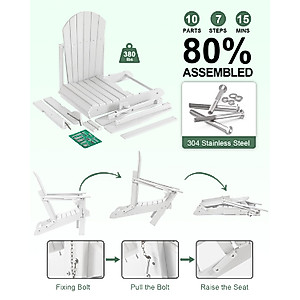Withniture Folding Adirondack Chairs, HDPE Adirondack Chair Wood Texture Plastic Adirondack Chairs with Cup Holder, Weather Resistant Fire Pit Chairs for Backyard Deck, White