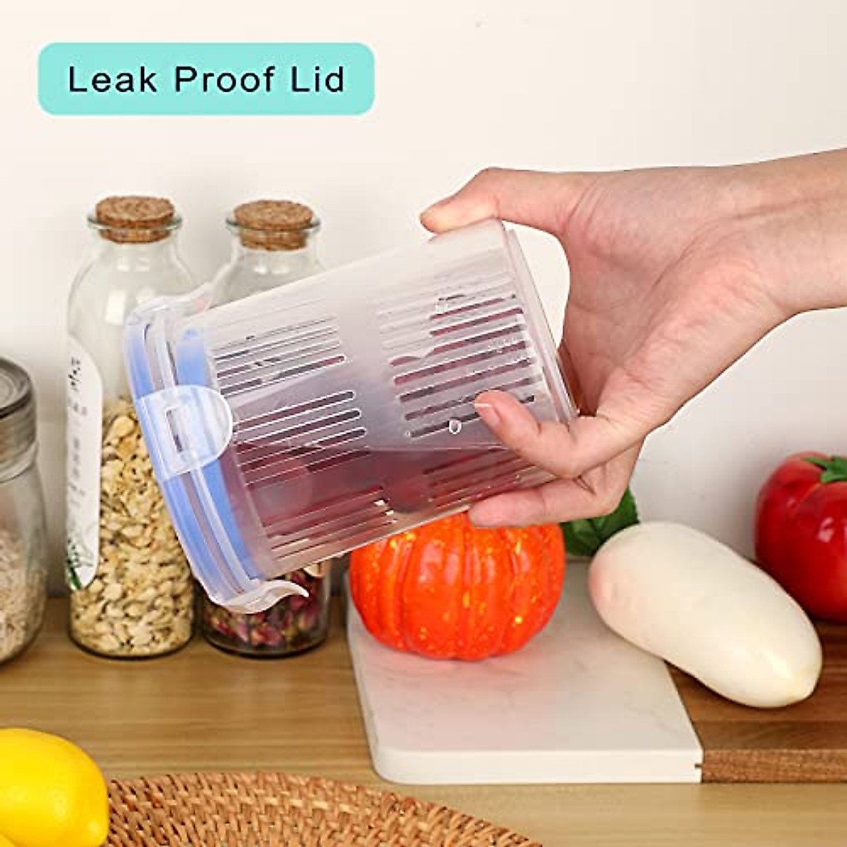 JUXYES Plastic Pickle Container Jar with Strainer Flip, Transparent Pickle Storage Container with Strainer Insert, Pickle Jar Juice Separator Dry Wet Separation Pickle And Olive Container with Lock It Lid