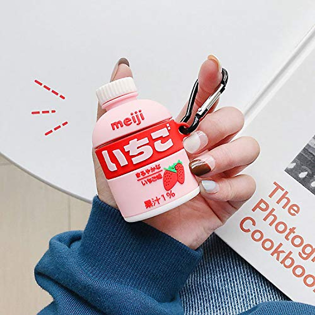 Cute AirPod Case Cover for Apple AirPods 1 2 AirPods1 AirPods with Clip Hook Keychain Pink Strawberry Flavor Juice Milk Drink Bottle 3D Cartoon Meiji Kawaii Lovely Fun Fresh Girls Kids Teens Daughter