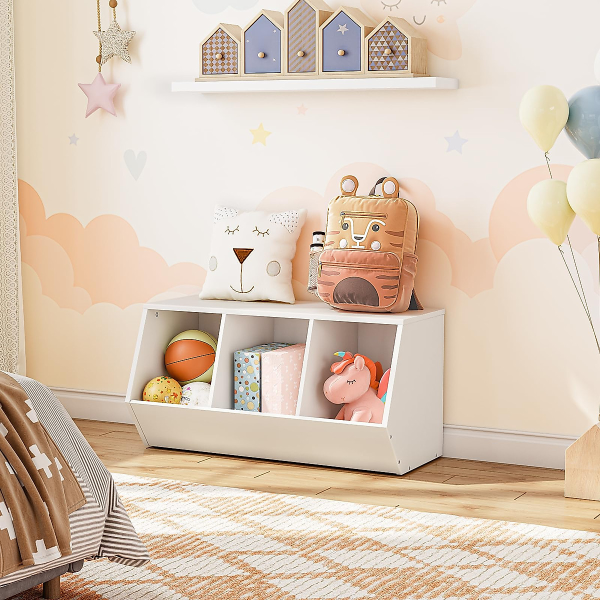 HOOBRO Toy Storage Cubby, Kids Bookshelf, Stackable 3-Bin Toy Storage Cabinet, Bookcase Footboard, Children's Toy Shelf, Hallway, White WT30CW01