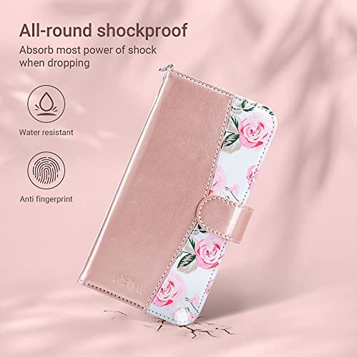 ULAK Compatible with iPhone 12 Wallet Case for Women, Premium PU Leather iPhone 12 Pro Flip Cover with Card Holder, Wrist Strap, Kickstand Shockproof Phone Case for iPhone 12/12 Pro 6.1, Rose Flower