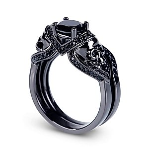 Jeulia 3.6 Carat Black Tone Skull Rings for Women Men Sterling Silver Round Cut Engagement Rings Bridal Sets Wedding Rings Cubic Zirconia Promise Engagement Anniversary with Jewelry Box (9.5)