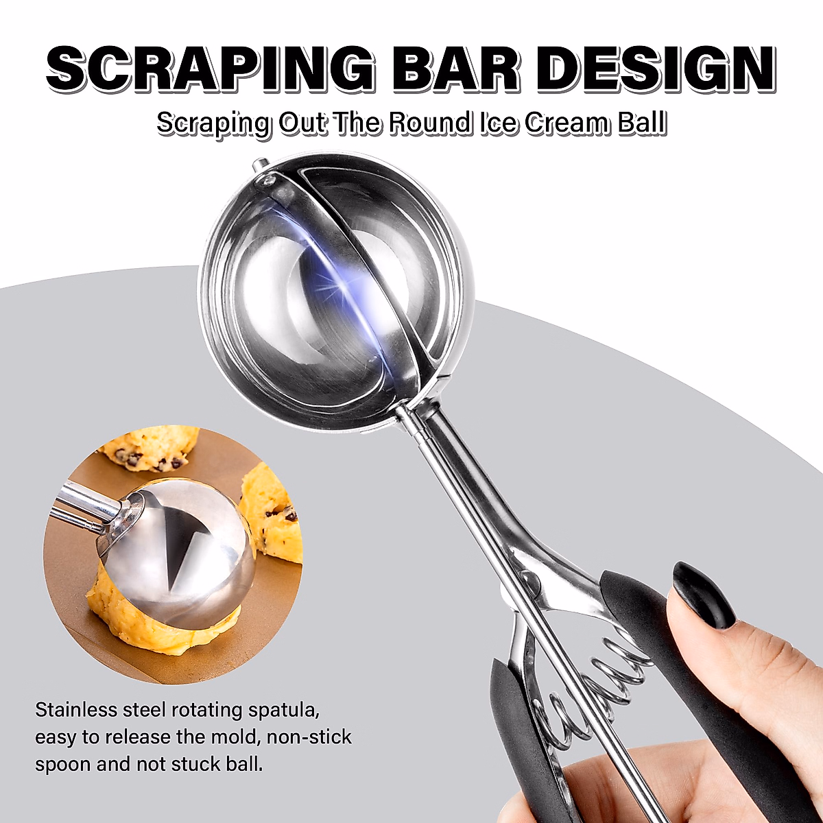 Cookie Scoop 4 Tbsp, TJ POP Professional Stainless Steel Ice Cream Scoop 60 mm, Soft Grips, Quick Trigger Release, 60 ml