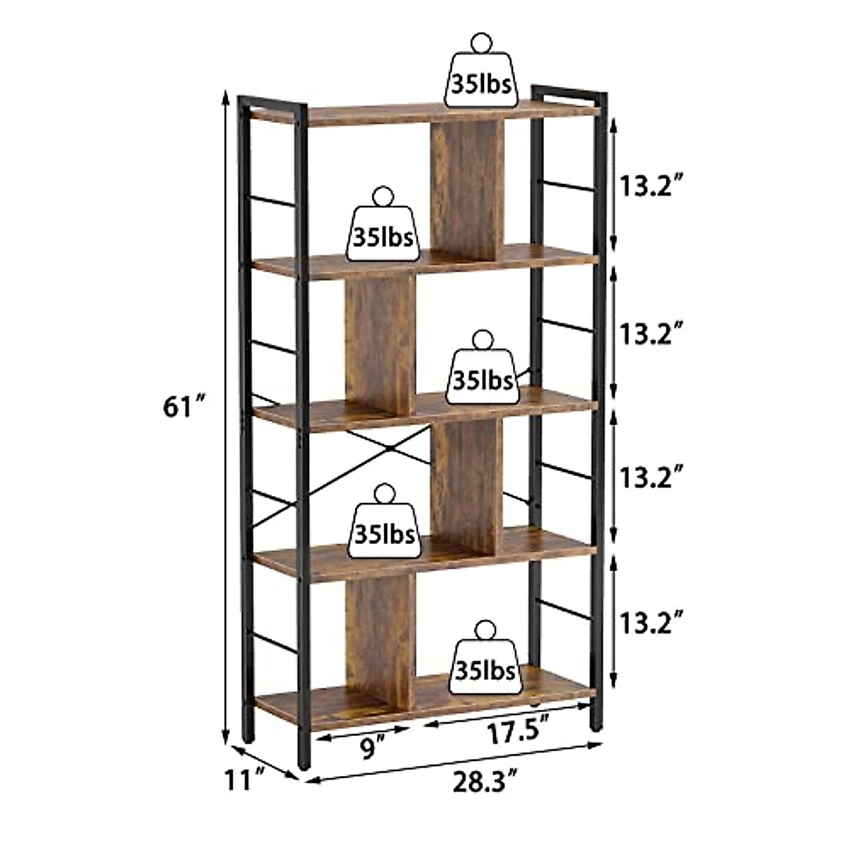 armocity Bookshelf, 5 Tier Tall Industrial Bookcase Wood Metal Frame Standing Book Shelf, Display Bookshelves Storage Organizer for Bedroom Living Room Home Office, Rustic Brown