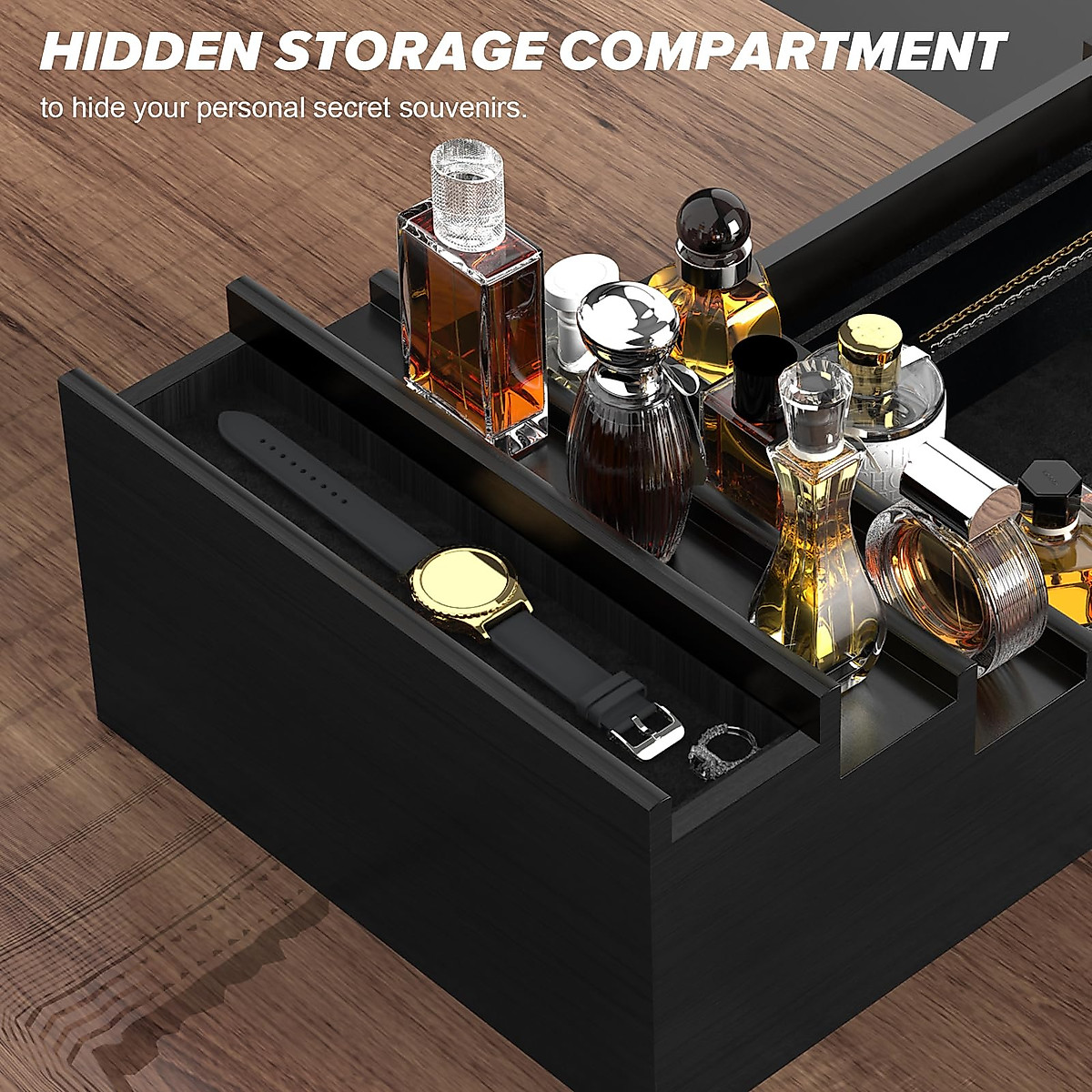 upcessory Cologne Organizer for Men, 4 Tier Black Wood Perfume Organizer with Felt Lining Drawer and Hidden Compartment, Perfume Display Holder, A Gift for Men