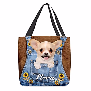 IZI POD Personalized Chihuahua with Sunflower Tote Bag - Custom Tote Bags with Name, Gift for Dog Mom, Women Bag Shoulder, Canvas Tote Grocery, Gift for Dog Lover, Girl Shopping Handbag