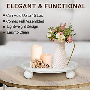 SOWA Farmhouse Round Wood Tray with Risers for Display, Wooden Decorative Tray for Kitchen Decor, Pedestal Stand for Countertop, for Soap Dish on Risers, Footed Rustic Cake Stand